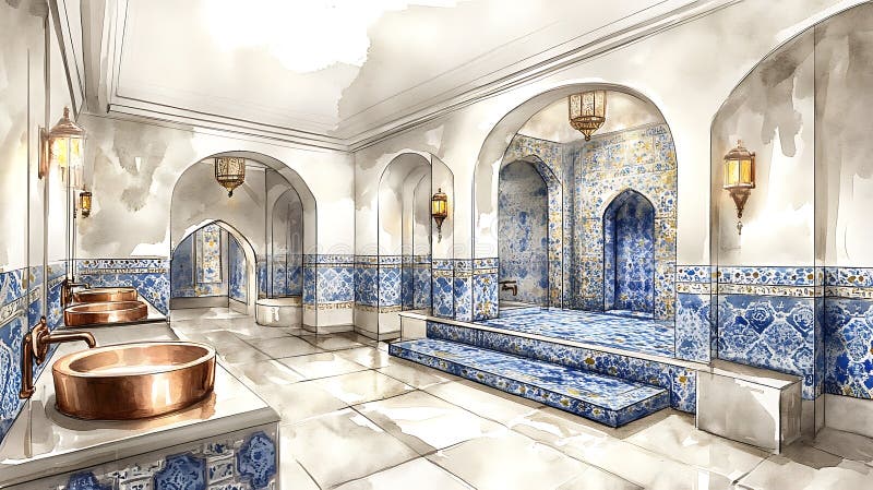 Luxurious Moroccan Hammam Interior with Elegant Tilework and Copper ...