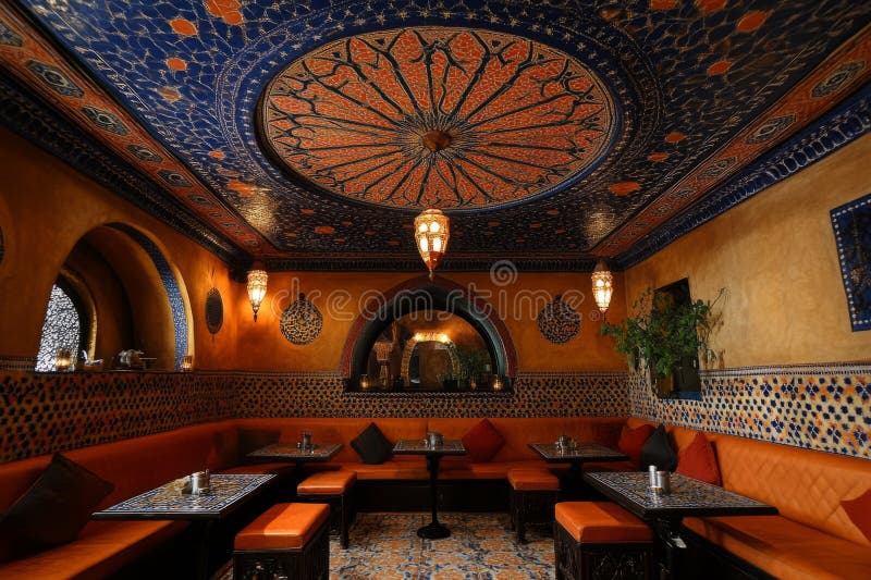 Luxurious Moroccan Lounge Featuring Vibrant Mosaics and Elegant Decor ...