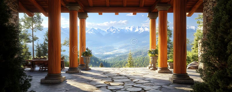 Luxurious Mountain Lodge with Wooden Columns, Panoramic Views, Stock ...