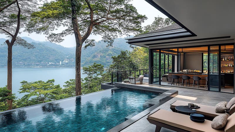 Luxurious Mountainside Villa with Lake View Pool and Outdoor Bar Stock ...