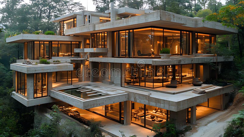 Luxurious Multi-level Concrete House Nestled in a Lush Forest at Dusk ...
