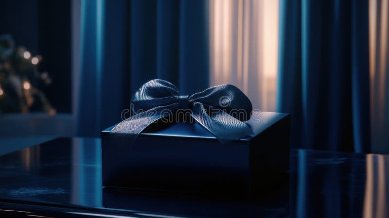 A Luxurious Navy Blue Gift Box with a Satin Bow, Resting on Stock Stock ...