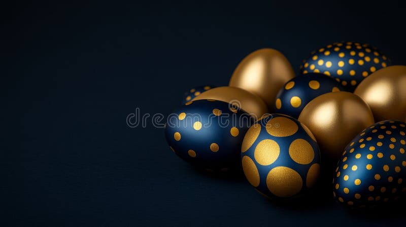 Luxurious Navy Blue and Gold Easter Eggs with Polka Dot Patterns, a ...