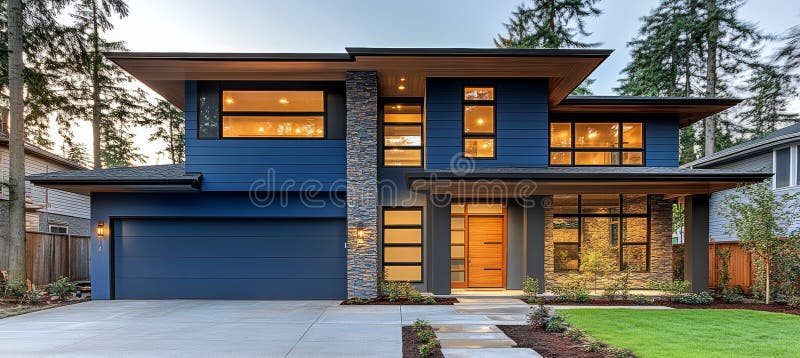 Luxurious New Construction Home with Blue Siding, Stone Wall, Two-car ...