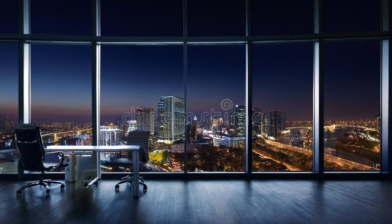 Luxurious Night Office Interior with Cityscape View through Glass ...