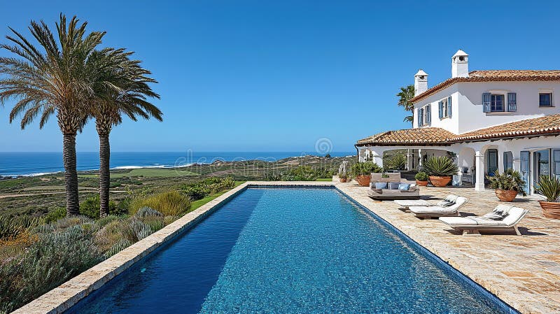 Luxurious Ocean View Estate with Pool Stock Illustration - Illustration ...