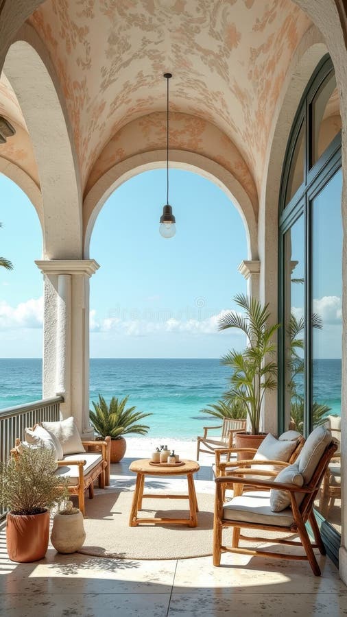 Luxurious Ocean View Patio with Elegant Archways and Cozy Seating on a ...