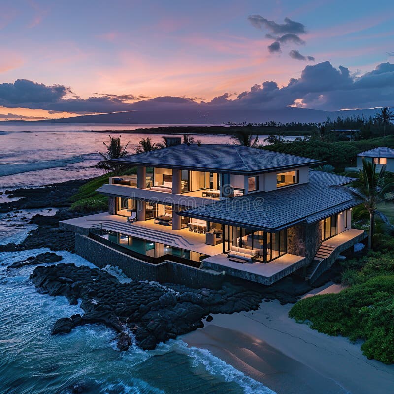 Luxurious Oceanfront House at Sunset Stock Image - Image of ...