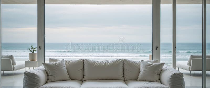 Luxurious Oceanfront Lounge with Scenic View and Cozy White Sofa Stock ...