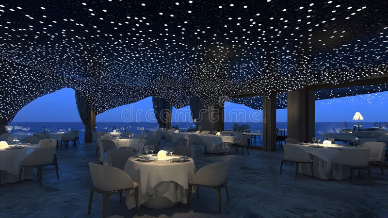 Luxurious Oceanfront Restaurant Interior at Night with Starry Ceiling ...