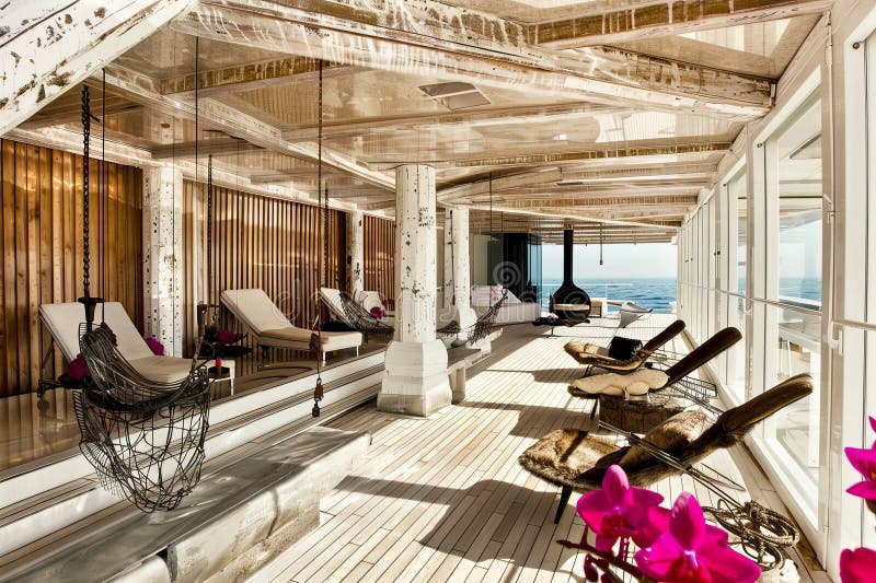 Luxurious Oceanfront Terrace with Modern Lounge Chairs and Hammocks ...