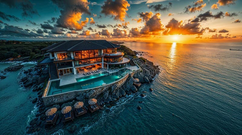 Luxurious Oceanfront Villa at Sunset Stock Image - Image of beautiful ...