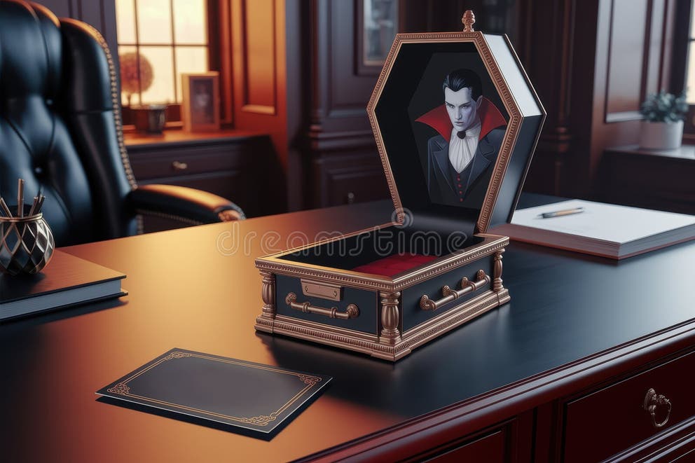 Luxurious Office Desk with Vampire Coffin Box and Gothic Portrait in ...