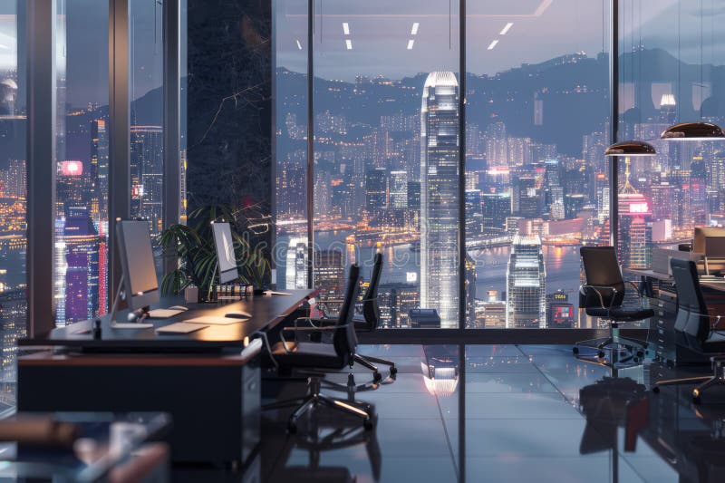 Luxurious Office with an Expansive View of the City Skyline through ...