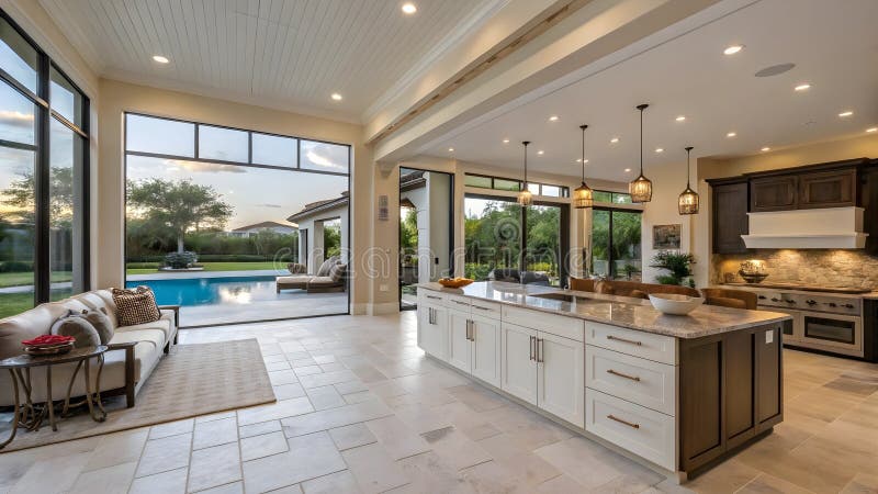 Luxurious Open-Concept Kitchen with Island Overlooking Modern Pool and ...