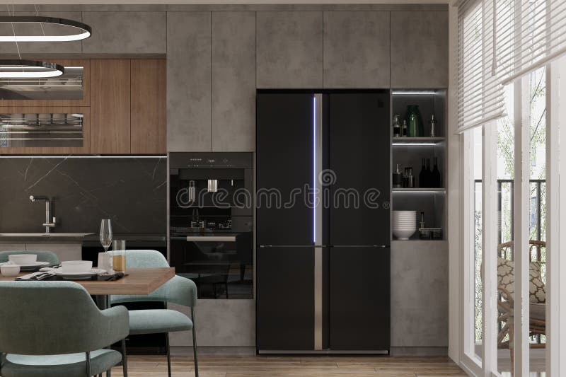 A Luxurious Open Kitchen Interior beside the Balcony. 3D Rendering ...