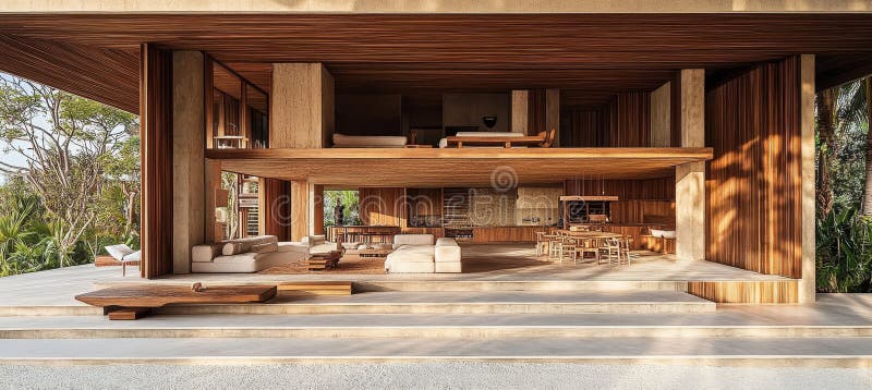 Luxurious Open Plan Home with Large Glass Windows and Warm Natural ...