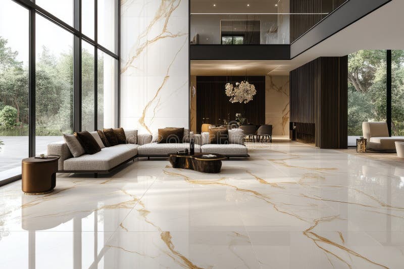 Luxurious Open Plan Interior Design Featuring Large Marble Effect Tiles ...