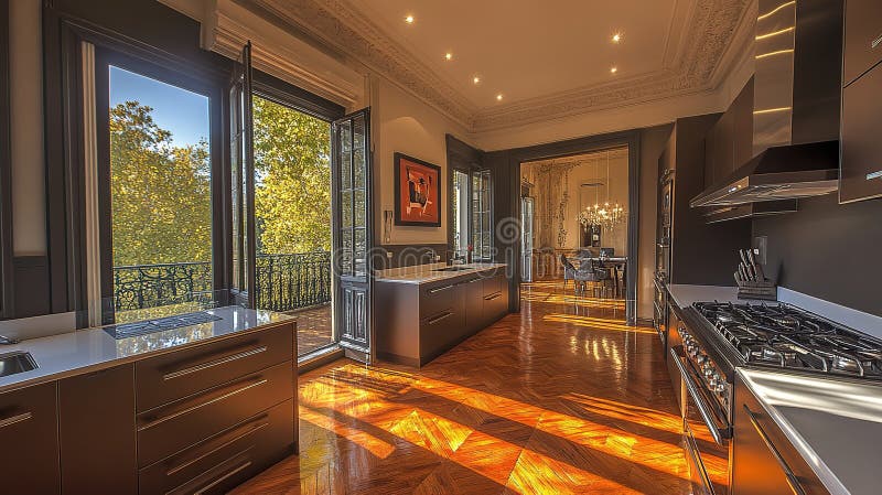 Luxurious Open-plan Kitchen with City Views Stock Illustration ...