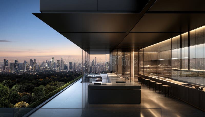 Luxurious Open-plan Kitchen with Panoramic City Skyline Views, Sleek ...