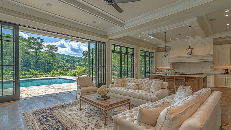 Luxurious Open-plan Living Area with Patio and Pool Views Stock ...