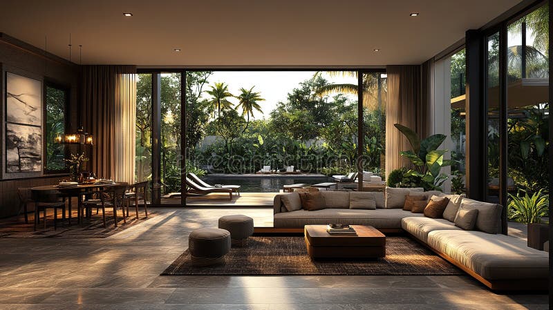 Luxurious Open-plan Living Area with Pool and Tropical Views Stock ...