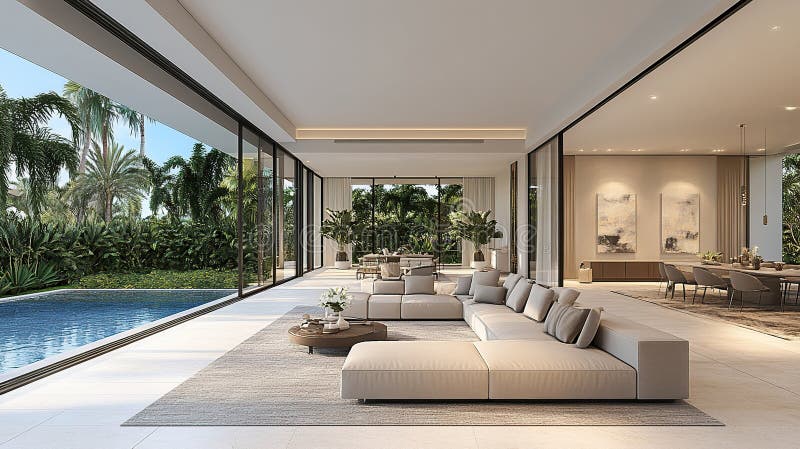 Luxurious Open-plan Living Area with Pool Views Stock Illustration ...