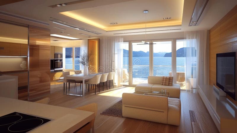 Luxurious Open-plan Living and Dining Room with Stunning Ocean View ...