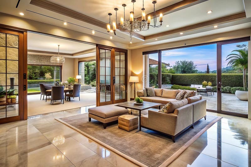 Luxurious Open-plan Living Space with Dining Area, Patio Access Stock ...