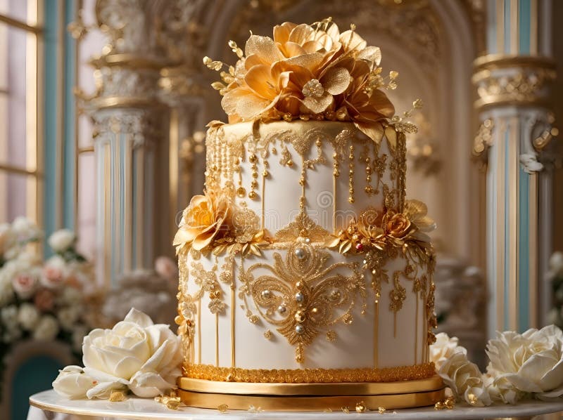 A Luxurious, Opulent Wedding Cake Dripping with Gold Accents Stock ...