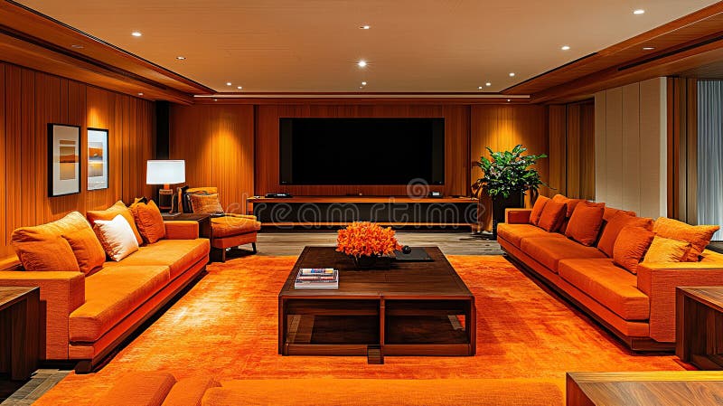 Luxurious Orange Living Room with a Large Screen TV Stock Illustration ...