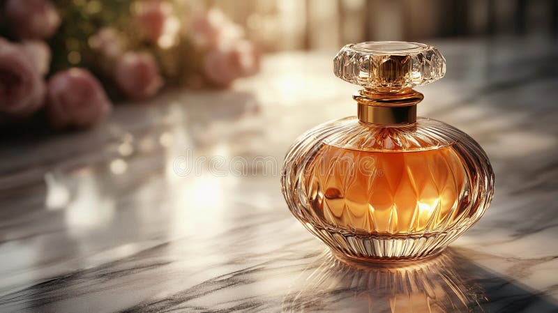 Stylish Orange Perfume Bottle Mockup on White Stone Surface with Pink ...