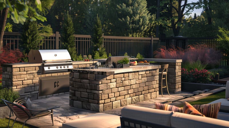 A Luxurious Outdoor Kitchen with a Built-in Grill, a Bar Area, and ...