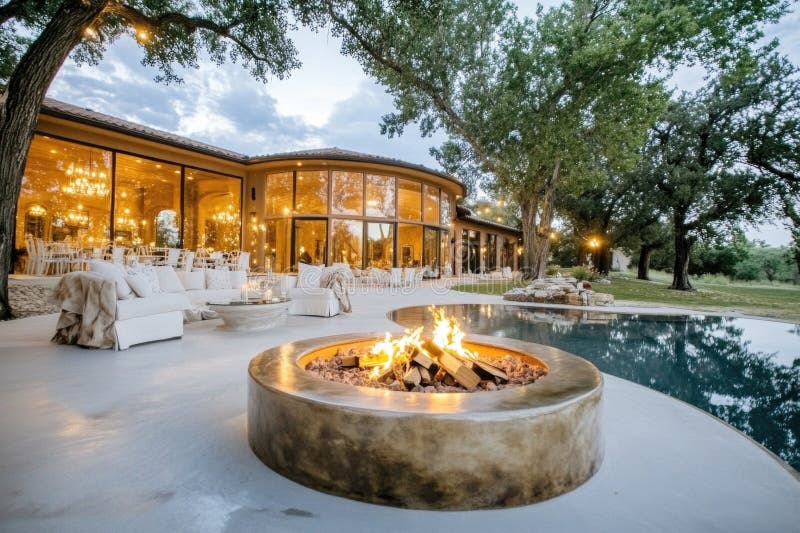 Luxurious Outdoor Patio with Modern Fire Pit by Infinity Pool at Sunset ...