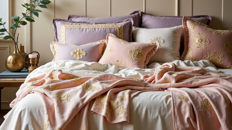 Luxurious Pastel Bedding with Embroidered Pillows and Blanket in ...
