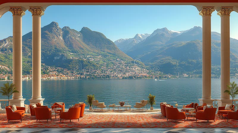 Luxurious Patio Overlooking a Scenic Lake Stock Illustration ...