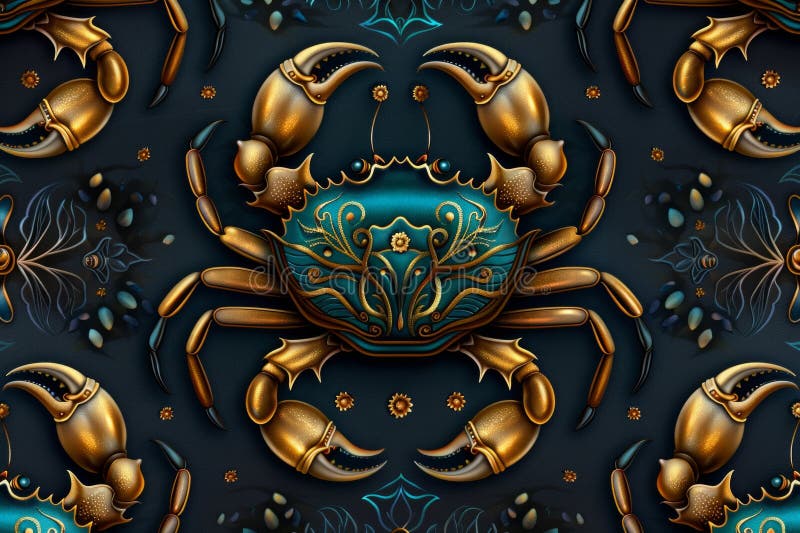 Luxurious Pattern Featuring Golden Crabs with Ornate Teal Shells on a ...