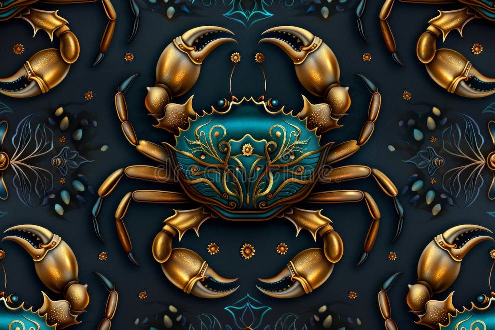 Luxurious Pattern Featuring Golden Crabs with Ornate Teal Shells on a ...