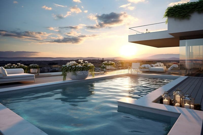 Luxurious Penthouse Terrace with Pool. AI Stock Illustration ...