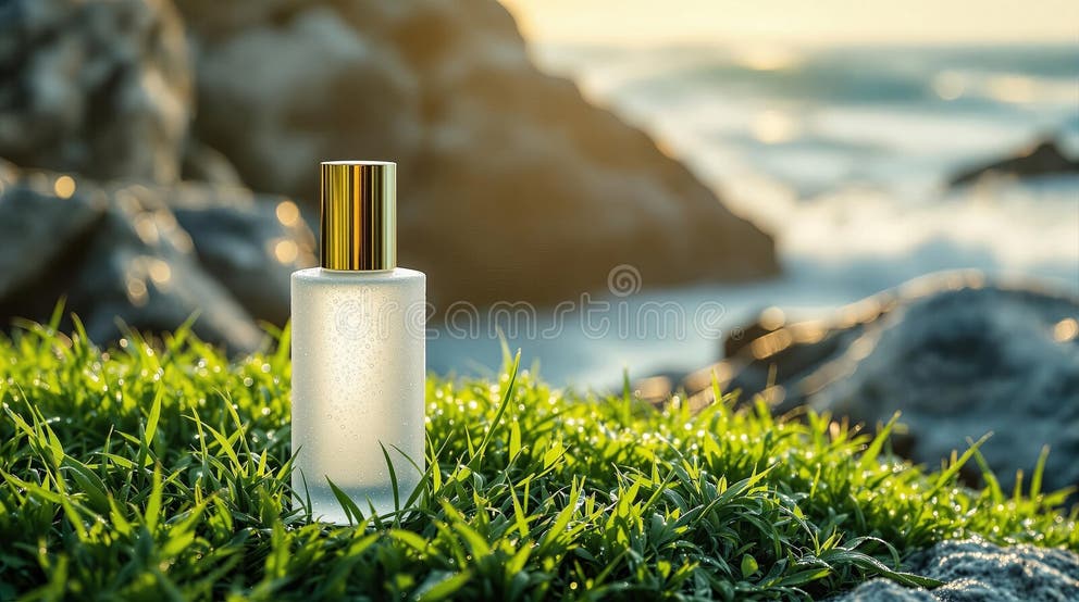 Luxurious Perfume Bottle on Coastal Grass at Sunset Stock Photo - Image ...