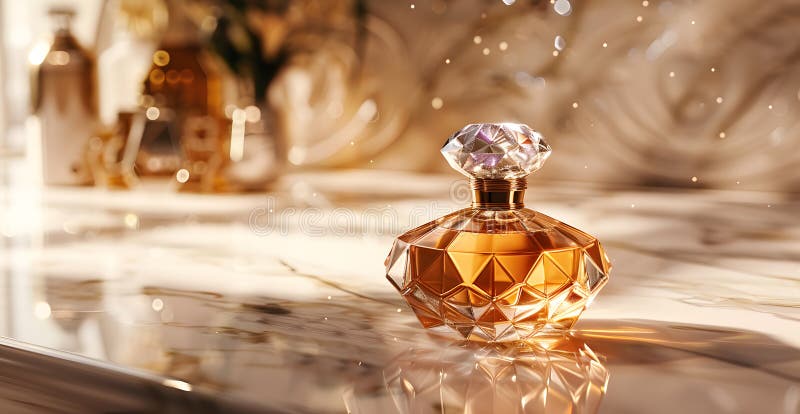 Luxurious Perfume Bottle with Diamond-shaped Cap on Marble Vanity Stock ...