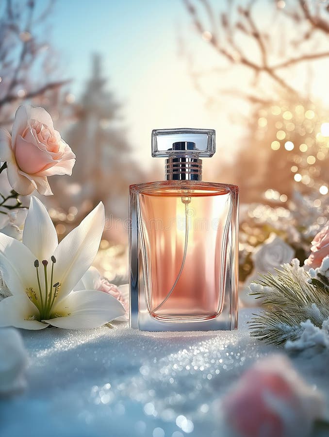 Bottled Fragrance Surrounded by Flowers in a Snowy Setting with a Soft ...