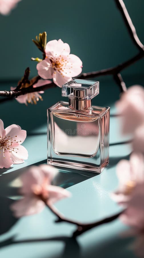 Luxurious Perfume Bottle with Pink Cherry Blossoms on Turquoise Background Stock Illustration ...