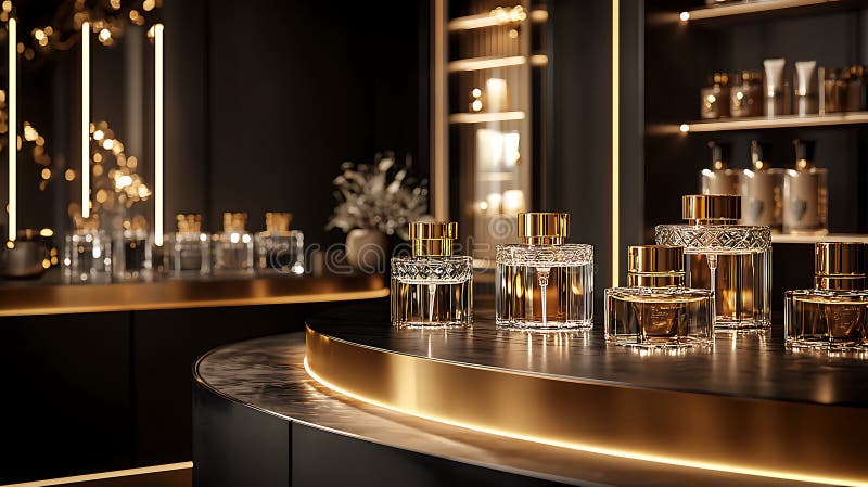 Luxurious Perfume Display with Elegant Bottles and Warm Lighting Stock ...