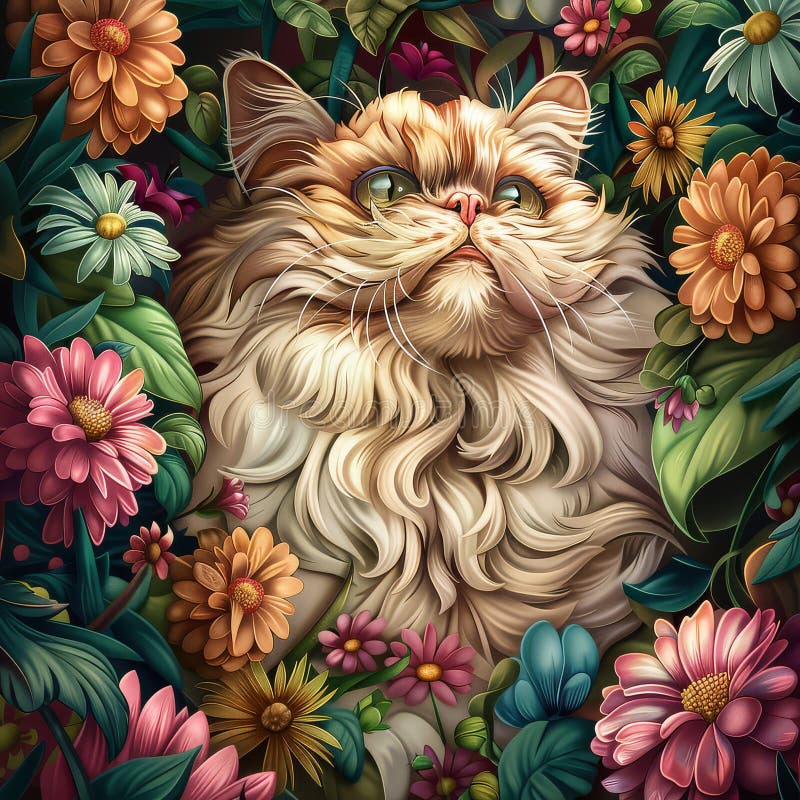 Luxurious Persian Cat Surrounded by Floral Bliss Stock Illustration ...