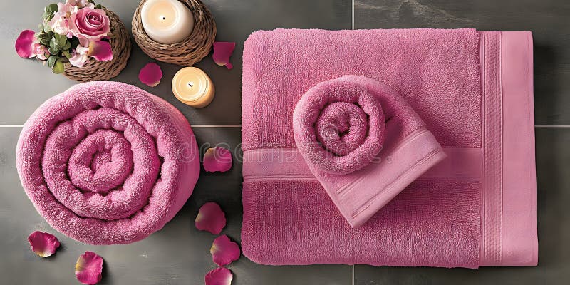 Luxurious Pink Bath Towels Set Rolled Spa Relaxation Soft Cotton Stock ...