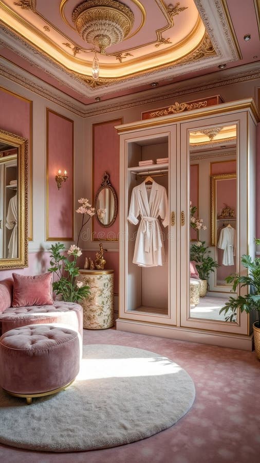 Luxurious Pink Dressing Room with Elegant Decor and Ornate Ceiling ...