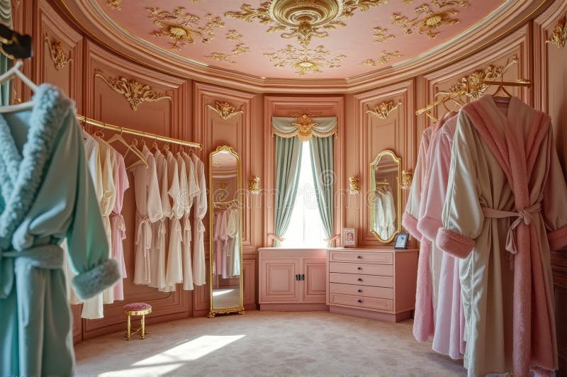 Luxurious Pink Dressing Room with Ornate Ceiling and Elegant Robes ...