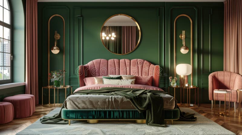 Luxurious Pink and Green Bedroom Interior Design Stock Illustration ...