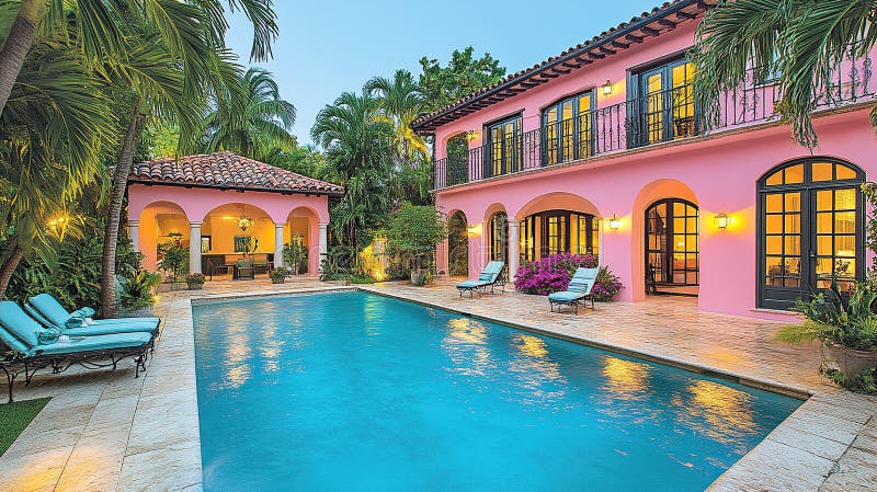Luxurious Pink Home with Pool at Twilight Stock Illustration ...